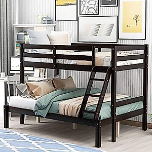 Twin Over Full Bunk Bed with Ladder, Solid Wood Bunk Beds Twin Over Full Size with Guardrail, Twin Over Full Bunk Bed Frame, Can Be Separated Into Twin/Full Size Bed, No Box Spring Needed (Espresso)
