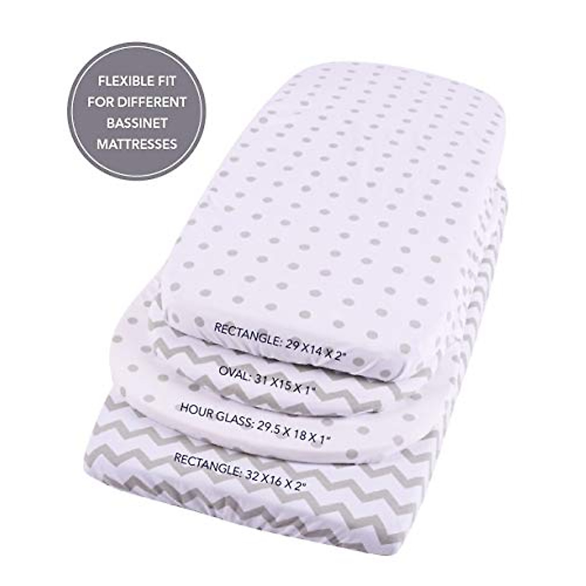 Waterproof Bassinet Sheets 2-Pack for Baby Boy or Baby Girl - (Grey Chevron & Grey Polka Dots)