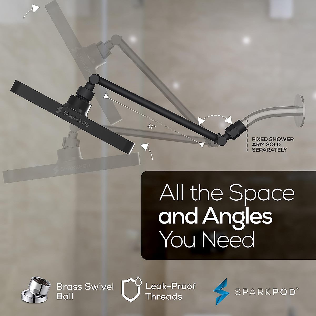 SparkPod Square Rain Shower Head with Shower Head Extension Arm - High Pressure Rain - Luxury Modern Look - No Hassle Tool-less 1-Min Installation (11" Shower Arm Extension, Elegant Brushed Nickel)