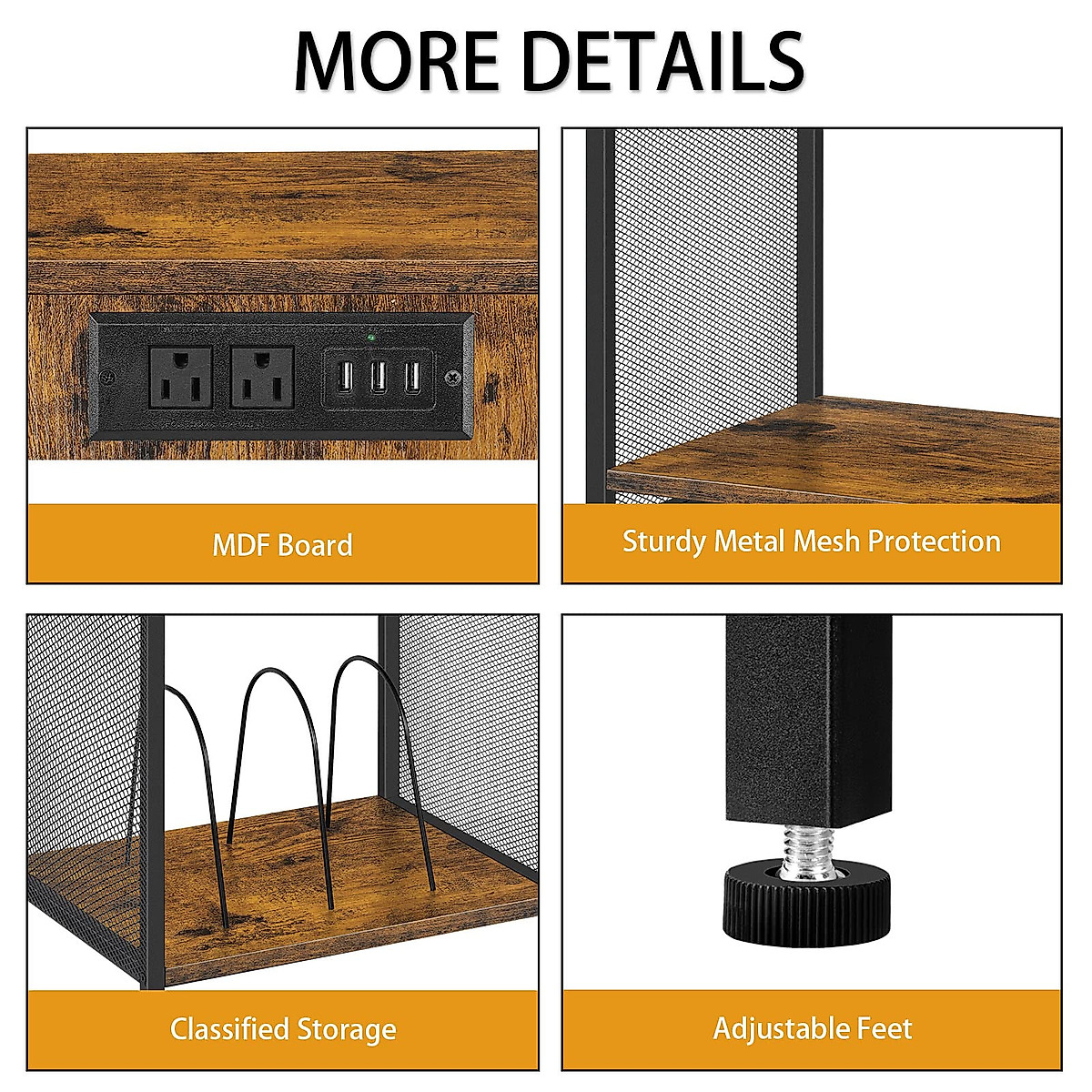 ETELI Record Player Stand with Album Storage Vinyl Record Storage Table with Power Outlet 3 Tier Turntable Stand Industrial Side Table for Living Room Bedroom Office, Brown