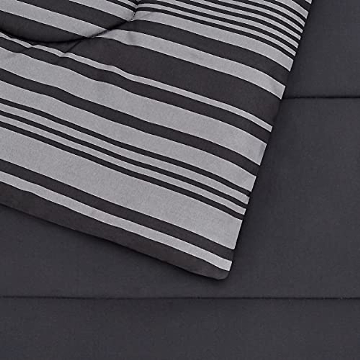 Amazon Basics Lightweight Microfiber Bed-in-a-Bag Comforter 7-Piece Bedding Set, Full/Queen, Gray Calvin Stripe, Striped