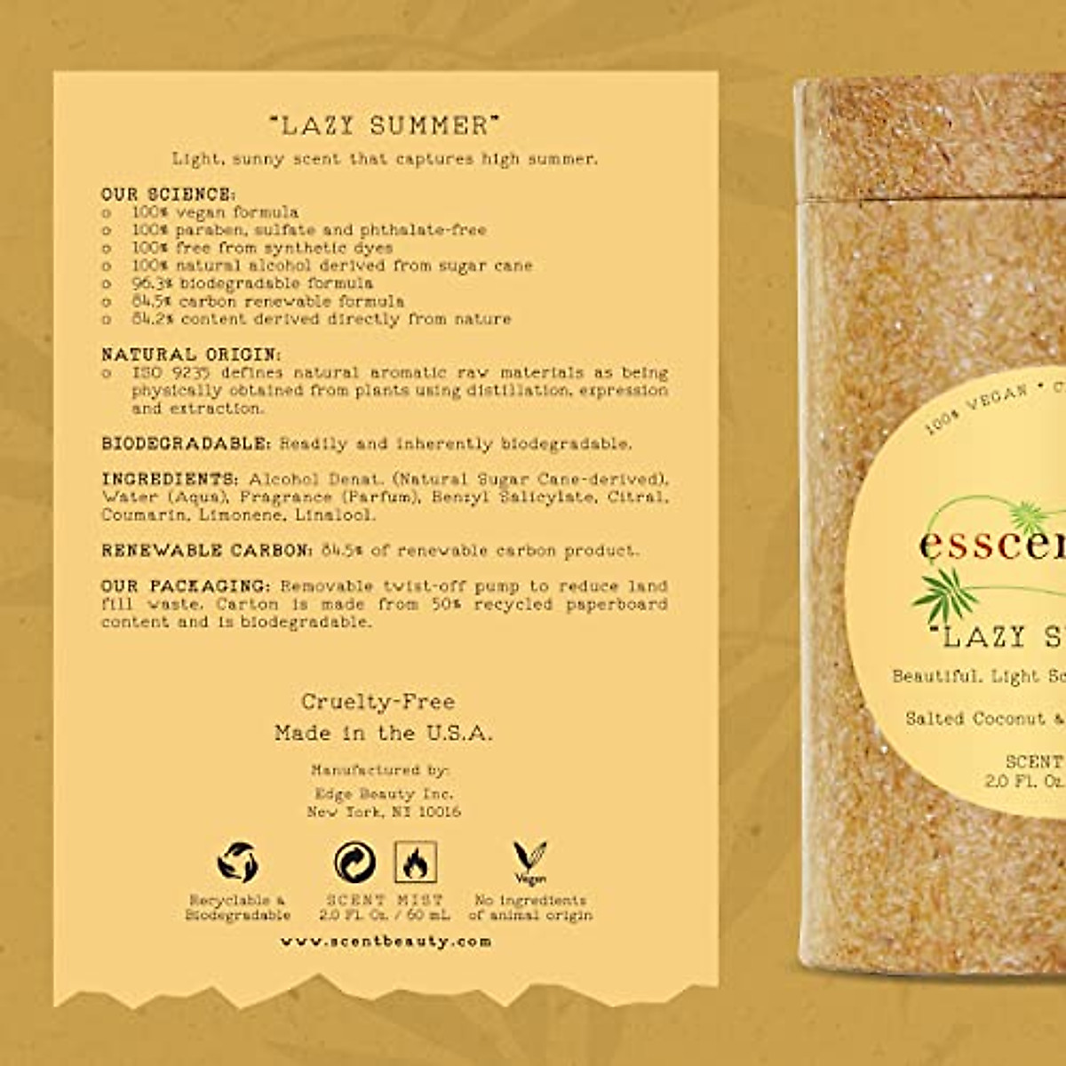 ESSCENTIALS Lazy Summer Fragrance Mist - Beautiful and Light Spray Fragrance from Nature - Vegan and Non-Toxic Mist Featuring Notes of Salted Coconut and Orange Blossom - 2.0 Oz / 60ml