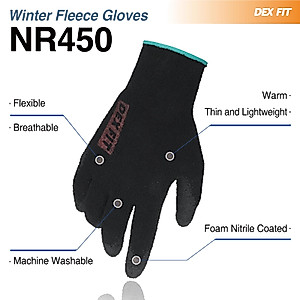 DEX FIT Work Gloves for Cold Weather NR450 - Warm Fleece, Firm Nitrile Coated Grip, Lightweight & Flexible, Ideal for Outdoor Winter Work, Men and Women, Machine Washable; Black 7 (S) 3 Pairs
