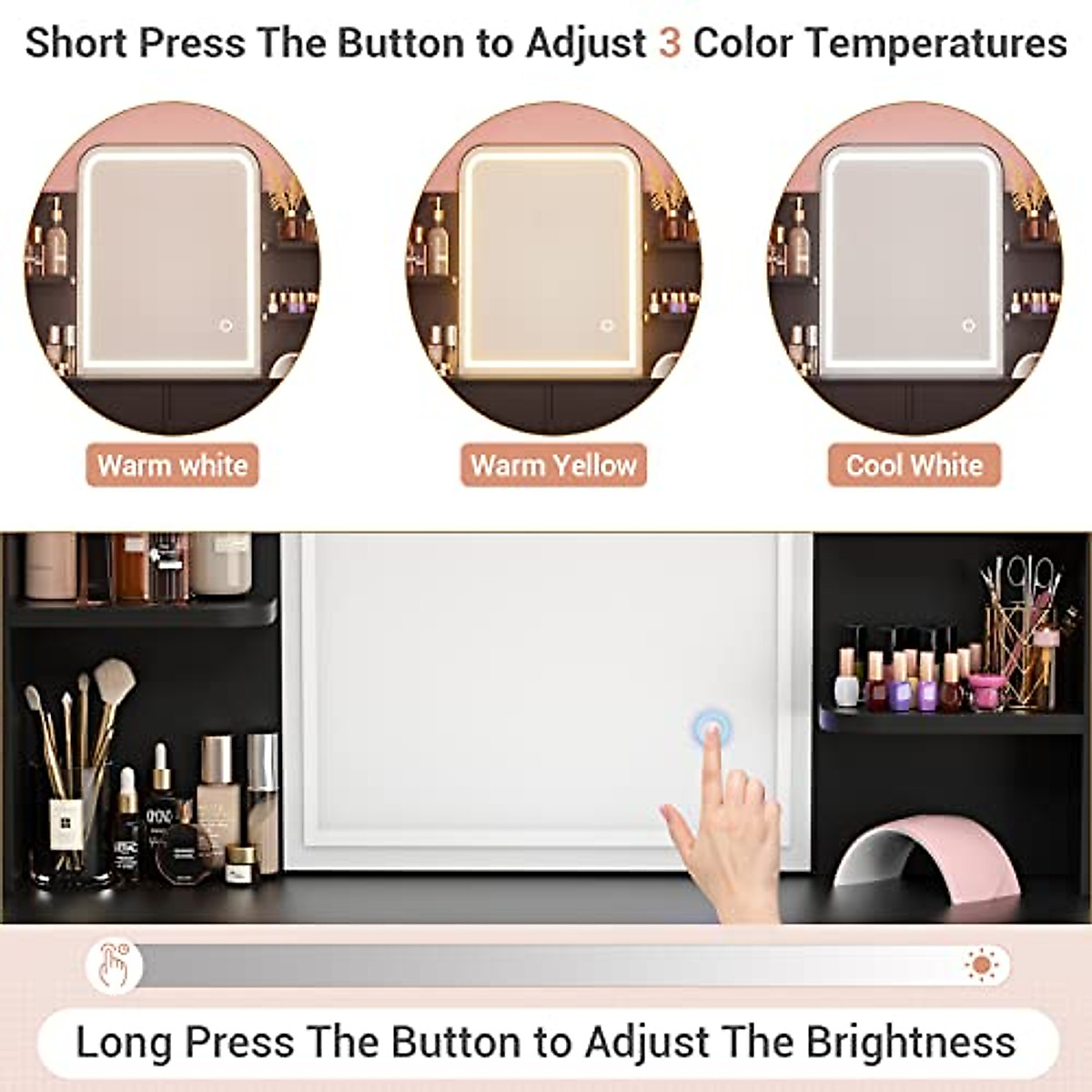 armocity Vanity Desk with Mirror and Light, Makeup Vanity with Cushioned Stool, Vanity Table Set with 3 Color Lighting Options, Modern Dressing Table with 2 Storage Drawers for Bedroom, Black