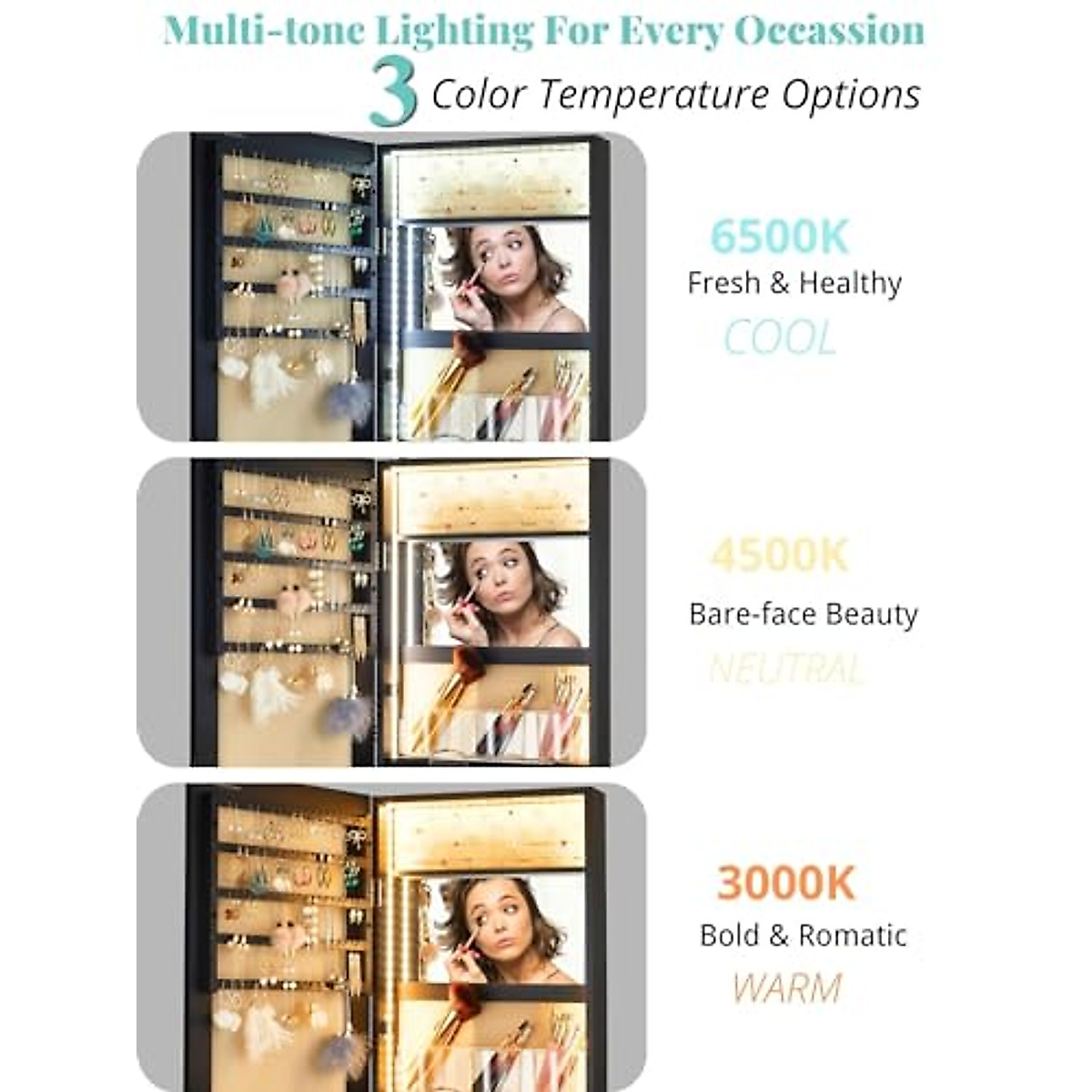 LUXFURNI Mirror Jewelry Cabinet Wall-Mount/Door-Hanging Armoire, Full length Mirror Lockable Makeup Storage Organizer w/Cosmetic Box (Black)