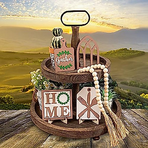 9 PCS Home Family Tiered Tray Decor Set for All Seasons-Rustic Wooden Tiered Tray Sign Decorative for Home Kitchen Table Shelf Bar