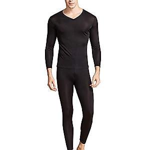 Grenasasilk Men's Silk Long Johns Mulberry Silk Long Underwear V-Neck Breathable Thermal Underwear Sets & Undergarments (XL, Black)