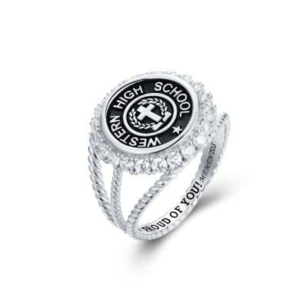 PJM Customized Sterling Silver Ladies High School and College Class Ring – Brilliant Signet Collection – Mementos Jewelry (Sterling Silver - Platinium)