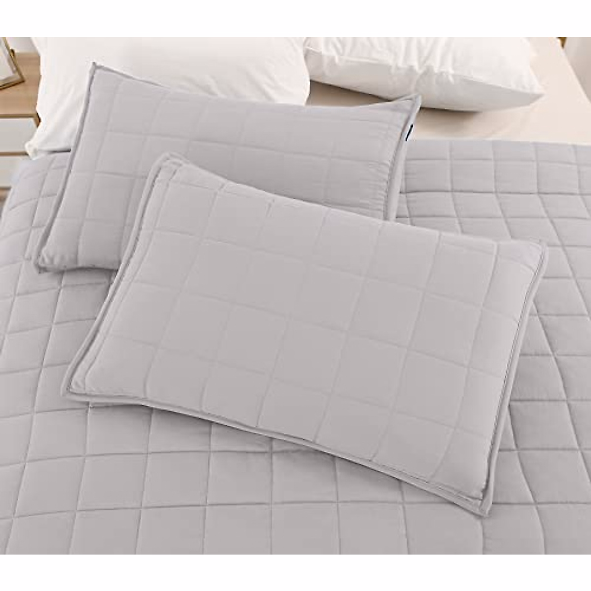EMME Light Grey Quilt Set Twin Size 2 Pieces (66x90 inches), Pre-Washed Microfiber Bedspread for All Season, Lightweight and Reversible Coverlet (Squares Pattern, Light Grey)
