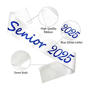 Ashaqshnglee Senior Sash 2025, 2PCS Graduation Sash White with Blue Glitter Letter Finally Graduated Cheerleader Party Celebration Decorations