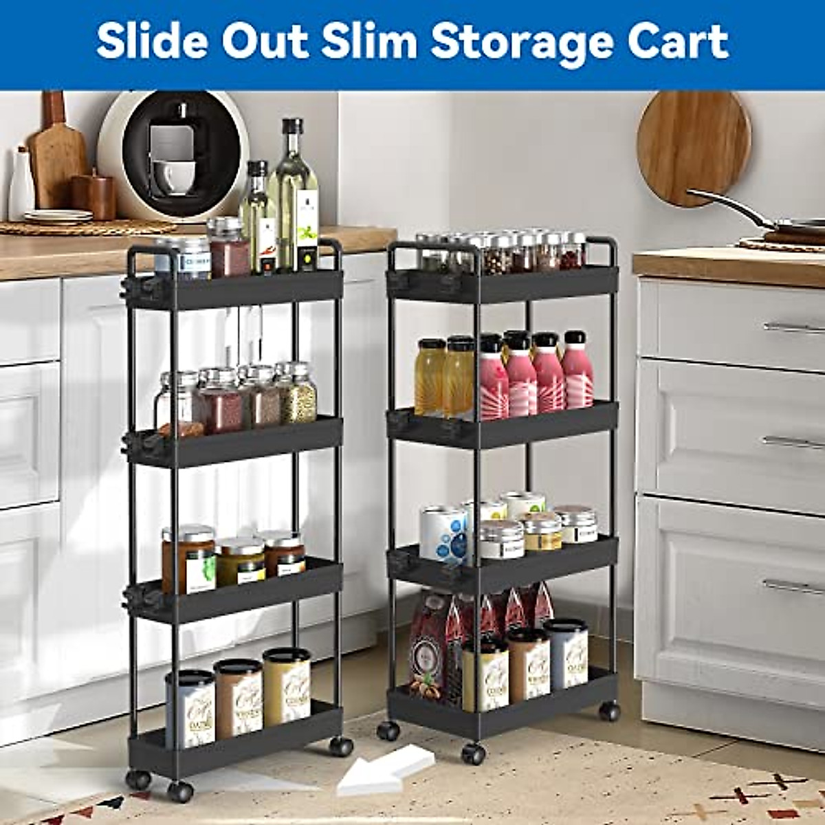 2 Pack 4 Tier Slim Storage Cart, Bathroom Organizer Laundry Room Organization Mobile Shelving Unit Slide Out Utility Rolling Rack with Wheels for Kitchen Garage Office Small Apartment Narrow Space