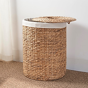 Round Woven Wicker Laundry Hamper with Lid - Large Water Hyacinth Storage Wicker (Natural Brown, 15"L x 15"L x 20"H)