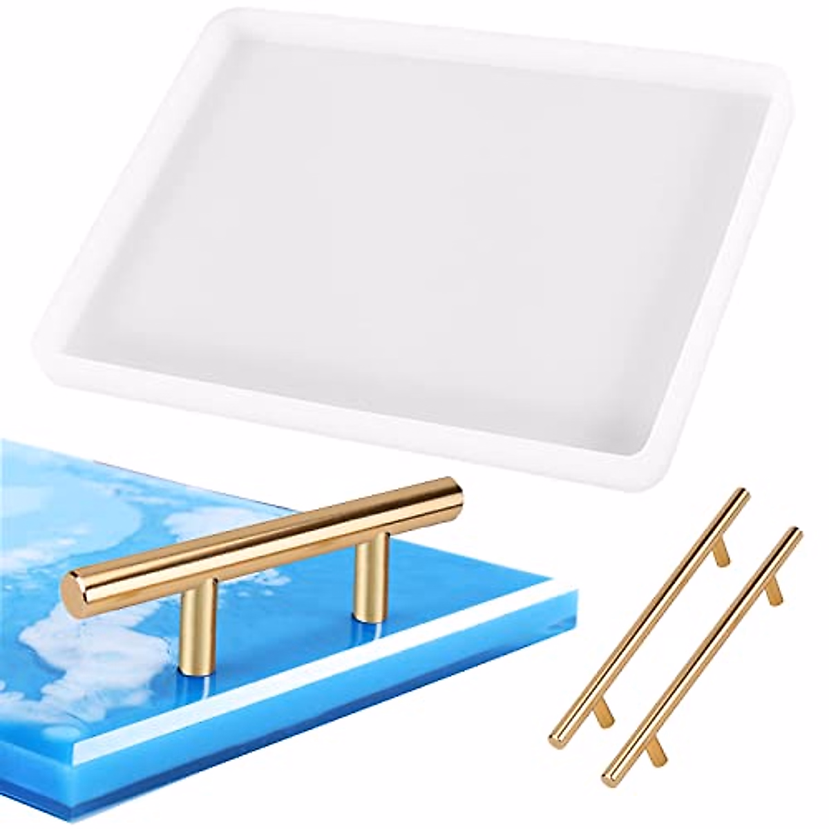 DSHE Silicone Mold Tray Geode 1pcs Agate Platter Molds and 2pcs Gold Handles, Epoxy Resin Casting Molds for Making Faux Agate Tray,Serving Board (molds with 2pcs handles)
