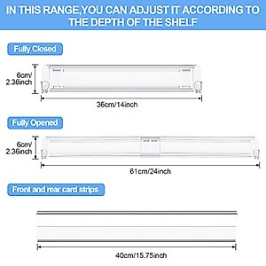 50 Pcs Adjustable Gondola Shelf Dividers Drawer Dividers with Front Fence Acrylic Retracting Item Organizer for Shelves Extendable Retail Shelf Divider with Fixed Clips for Store Library, 14" to 24" D