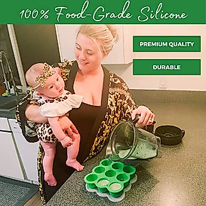 Silicone Baby Food Storage Container and Freezer Tray - Food-Grade Silicone Mold with Clip-On Lid - 9 x 2.5 Oz Easy Out Portions (Green)