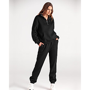 BTFBM Women 2 Piece Tracksuits Fall Winter 1/4 Zip Sweatshirt Jogger Pants Matching Lounge Sets Thick Sweatsuits Pockets(Solid Black, Large)