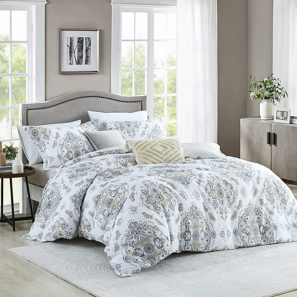 Bedduvit 100% Cotton Duvet Cover Queen Size - Soft Paisley Queen Duvet Cover Set, 3 Pieces All Season Reversible Damask Bedding Comforter Sets with 2 Pillow Shams, White/Yellow, 90"x90"