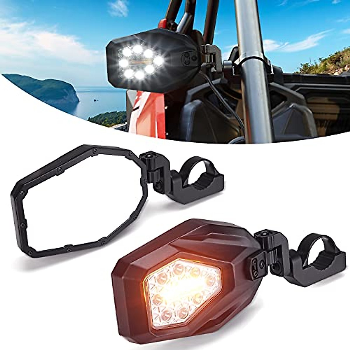 KEMIMOTO UTV Side Mirrors with Turn Signal & Spot Light for 1.6"-2" Roll Bar, Heavy Duty Aluminium Multi-Adjustment UTV Mirrors Compatible with Polaris RZR Kawasaki Mule Pioneer Talon Can Am X3 CFMOTO