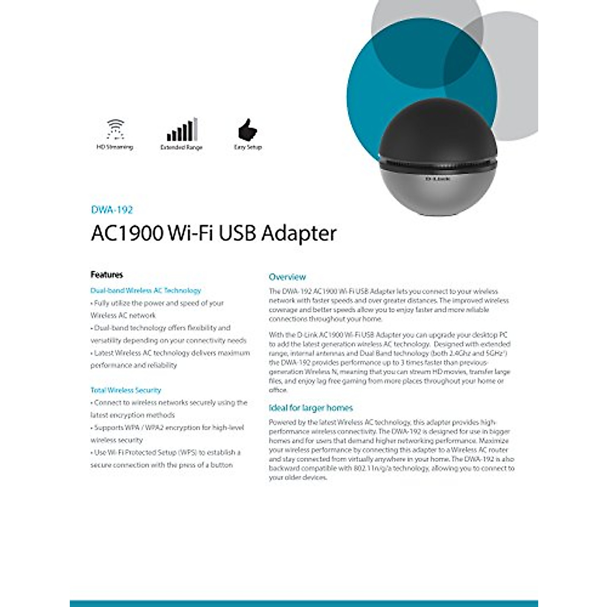 D-Link USB WiFi Adapter AC1900 USB 3.0 Dual Band Long Range Wireless Network for Desktop PC Laptop Gaming (DWA-192)