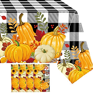 peony man 4 Pieces Fall Plaid Tablecloth Plastic Pumpkin Table Cover Black White Buffalo Checkered with Disposable for Dining Kitchen Thanksgiving Autumn Party, 54 x 108 Inch