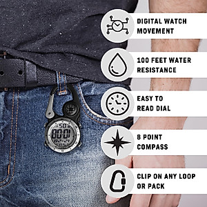 Dakota Digital Backpacker Clip Watch, Alarm, Stopwatch, Timer and Dual Time, Outdoor Gifts for Men and Women, Tactical Digital Watch