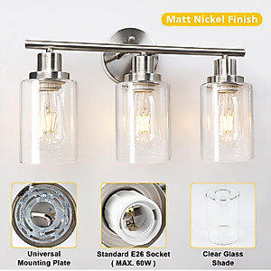 Unicozin 3 Light Vanity Lights, Brushed Nickel Wall Sconce Light with Clear Glass, Bathroom Light Fixtures, Wall Lights for Mirror, Living Room, Bedroom, Hallway, E26 Base (Bulbs Not Included)
