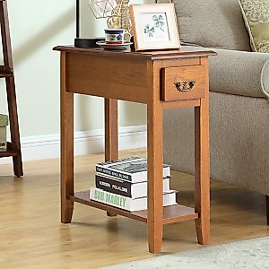 Tangkula Narrow End Table, Slim Side Table with Drawer and Open Shelf, Small End Tables for Small Spaces, Narrow Nightstand Bedside Table for Living Room Bedroom, 9.8 x 23.6 x 23.6 inches (1, Walnut)