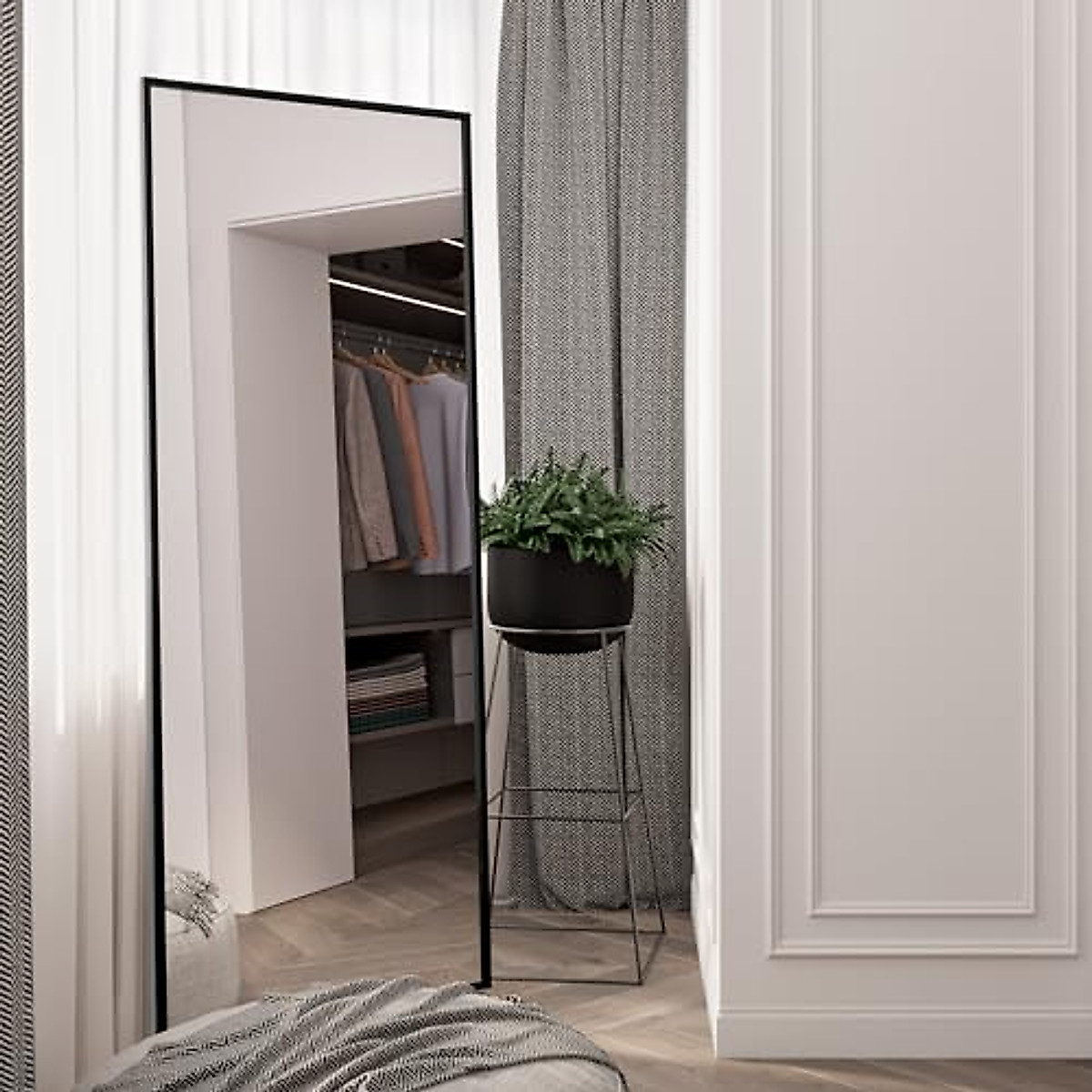 NISHCON Modern Black Full Length Mirror, 64"x21" Rectangular Floor Mirror with Stand, Wall-Mounted or Freestanding, Perfect for Living Room, Bedroom, Entryway