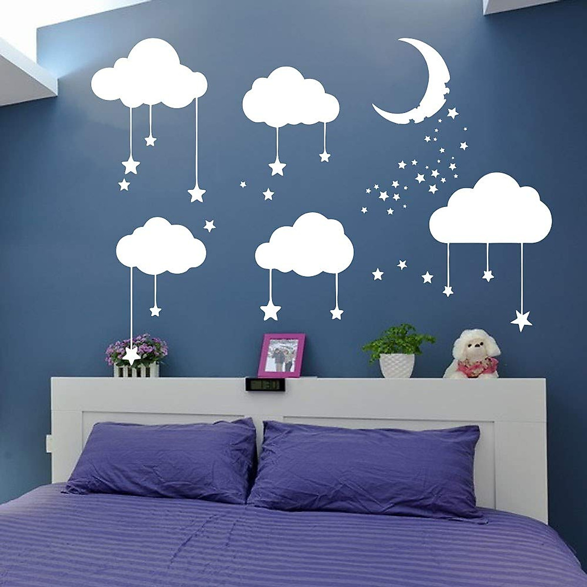 Big Clouds Stars Wall Decal Kids Nursery Bedroom Decor Sticker Clouds Moon Stars Art Baby Decal DIY Decor Clouds Decal (White, 28x35inch)