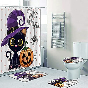 RLHHUG Cute Shower Curtain Set for Bathroom Decor, Pumpkin Cat Curtains 72×72 Inch with Absorbent Bath Mat, Washable Durable Decorative Plastic Curtain with Hooks, Toilet Contour Mat and Lid Cover