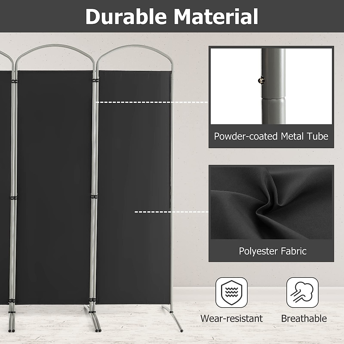 GOFLAME 4 Panels Room Divider, 6 Ft Folding Privacy Screen with Stable Metal Frame, Freestanding Fabric Wall Divider and Separator, Portable Room Partition Screen for Home Office Hospital, White