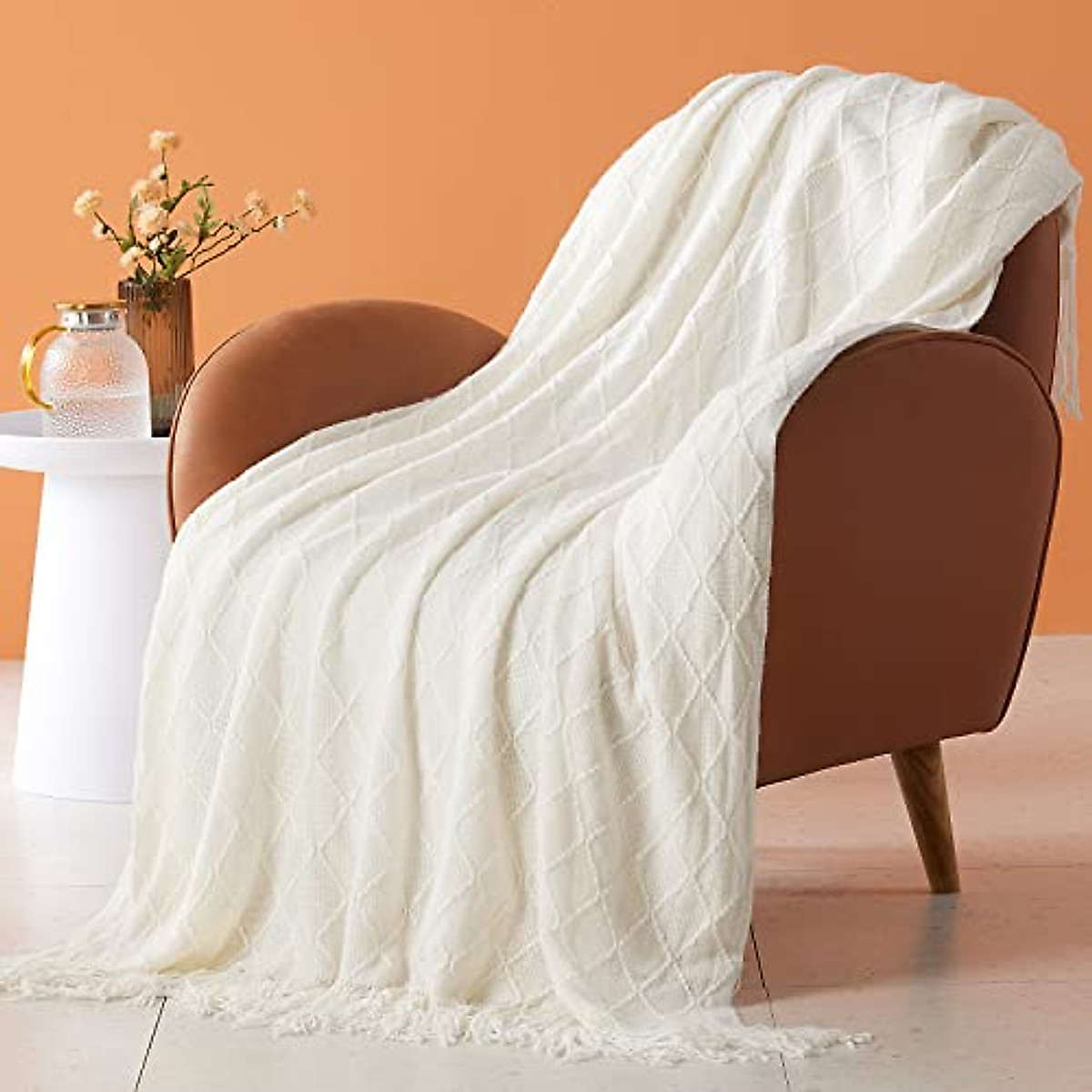 Touchat Knitted Throw Blankets for Couch, Sofa and Bed, Lightweight Soft Knit Blanket with Tassel, Decorative Cozy Farmhouse Throw Blankets for Women and Man 50"x60", Cream Off White