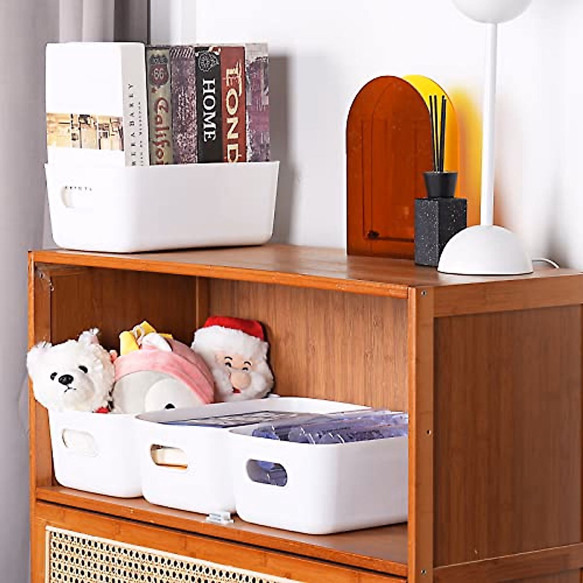 CozyCat Plastic Storage Bins , Pantry Collection & Fridge Organizer Bins, White Multi-Use Boxes, Baskets with Handles, for Bathroom, Restroom and Kitchen (4 pack)