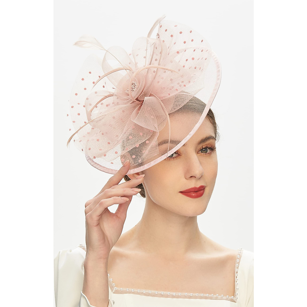 Fascinators Hats for Womens 50s Headwear with Veil Flower Cocktail Wedding Tea Party Church Derby Hat(3-blush pink)