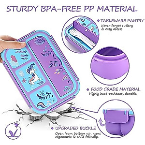 Sunhanny Bento Lunch Box for Kids - 4 Compartments, Sauce Container, Utensils, Food Picks and Muffin Cups, Purple Unicorn