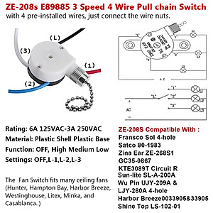Ceiling Fan Switch Zing Ear ZE-208s E89885 3 Speed 4 Wire Pull Chain Switch Fan Light Switch Replacement Part with 4 Pre-Installed Wires(Nickel Chain)