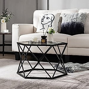 Giantex Hexagonal Glass Coffee Table, End Table w/Tempered Glass Top & Sturdy Metal Legs, Modern Center Table, Geometric Small Glass Table for Living Room, Reception Room, Black