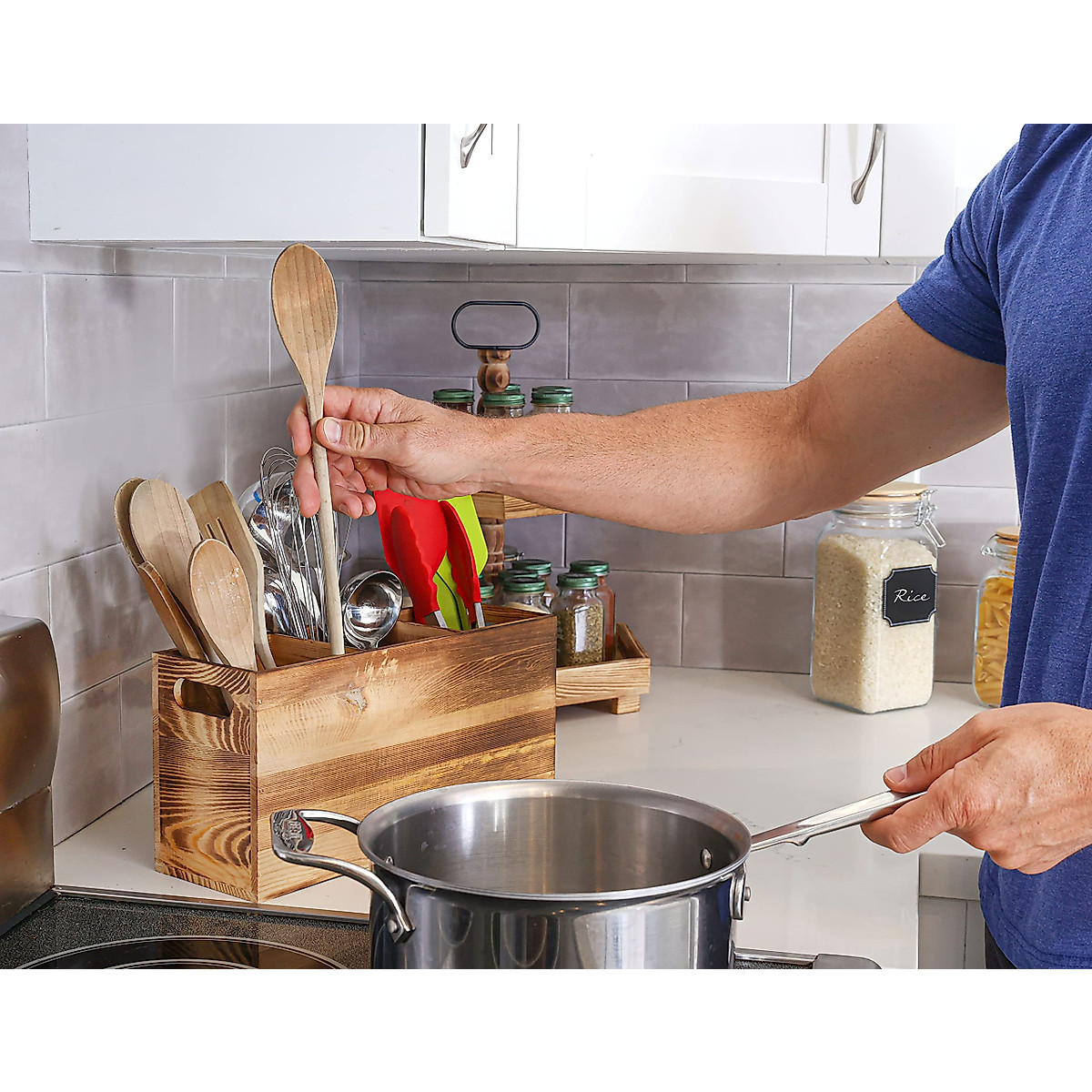 CB Accessories Utensil Holder in Rustic Wood for Farmhouse Kitchen Decor, Countertop Organizer and Cooking Tools Storage (Triple)