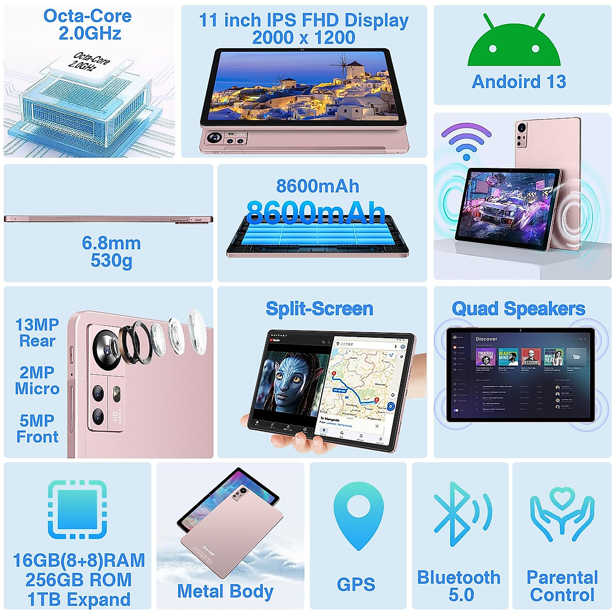 2024 Newest 11 inch Tablet Android 13 Tablets 16GB RAM 256GB ROM 1TB Expand, 2K 2000 x 1200 Display, Octa-Core, Triple Camera, 8600mAh, Quad Speakers, 5G/2.4G WiFi, GPS,Bluetooth,with Case -Rose Gold
