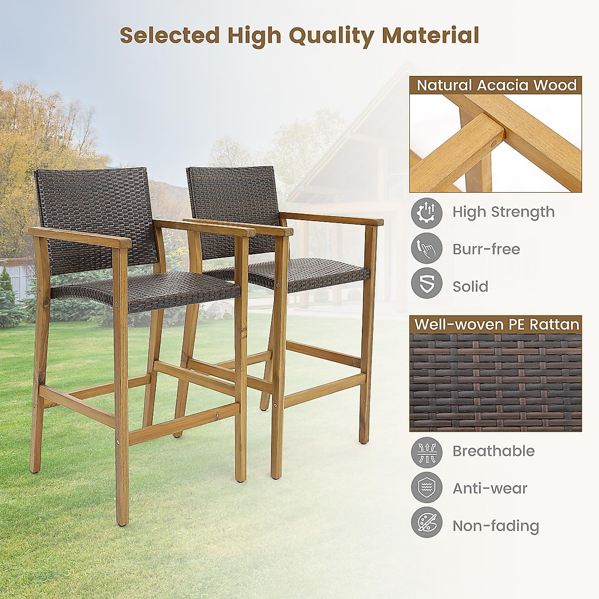 Tangkula Patio Rattan Bar Stool Set of 2, Outdoor PE Wicker Bar Chairs with Armrests, Counter Height Acacia Wood Barstools with Sturdy Footrests, for Balcony, Backyard, Poolside (2, Mix Brown)