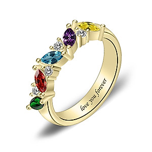 Seecoco Personalized Mothers Ring with Simulated Birthstones Engraved Family Names Mother's Day Rings Custom Family Rings for Women (Color 10)