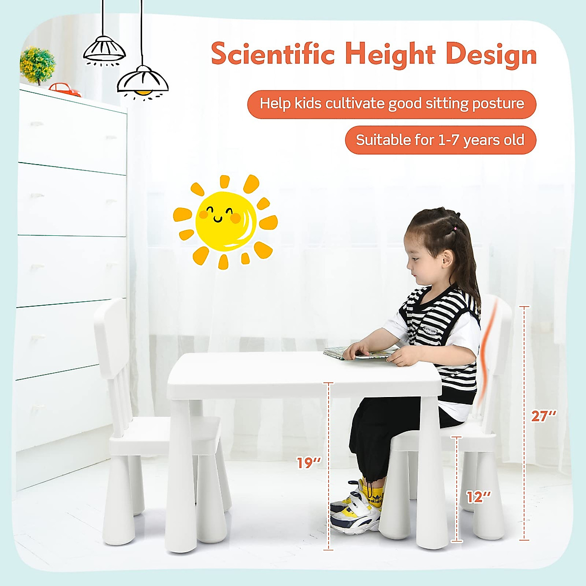 COSTWAY 3-Piece Kids Table and Chairs Set, Lightweight Plastic Children Activity Center for Reading, Writing, Painting, Snack Time, Kids Furniture Art Study Desk & Chairs Set for Ages 1-7 (White)