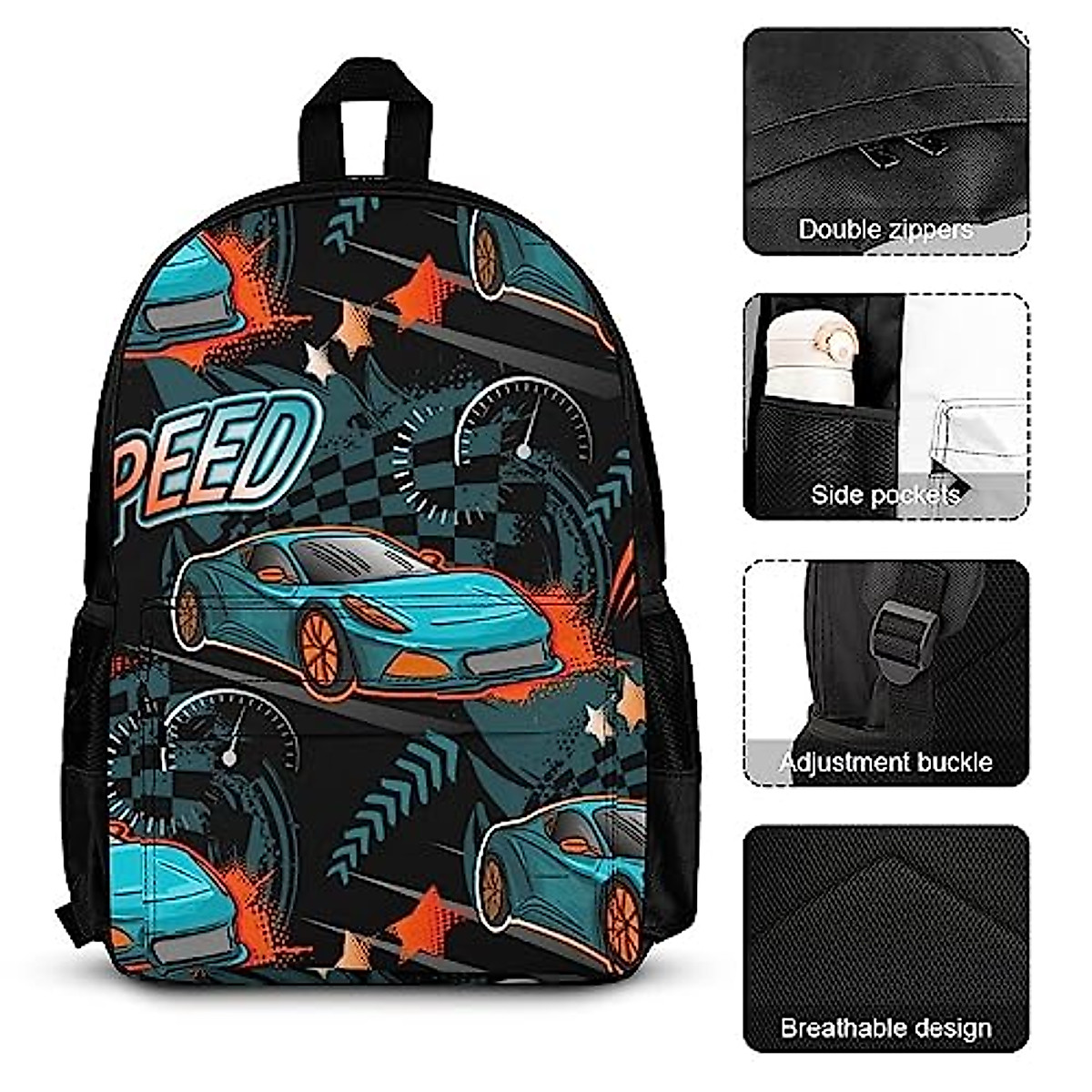 DamTma Cartoon Grunge Car Backpack Set 3 Piece Bookbags Lunchbox Pencil Case Laptop Backpack Travel Backpack 3pcs Backpack