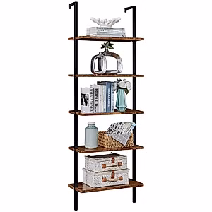 SUPERJARE Industrial Ladder Shelf, 5-Tier Wood Wall-Mounted Bookcase with Stable Metal Frame, 72 Inches Storage Rack Shelves Display Plant Flower, Stand Bookshelf for Home Office - Rustic Brown