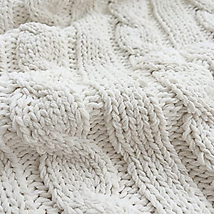 Chenille Chunky Knitted Throw Blanket with 14pcs Pom Poms Tassel Super Soft Cozy Warm Blanket for Sofa Bed Soft Couch 50 x60 inches (White)¡­