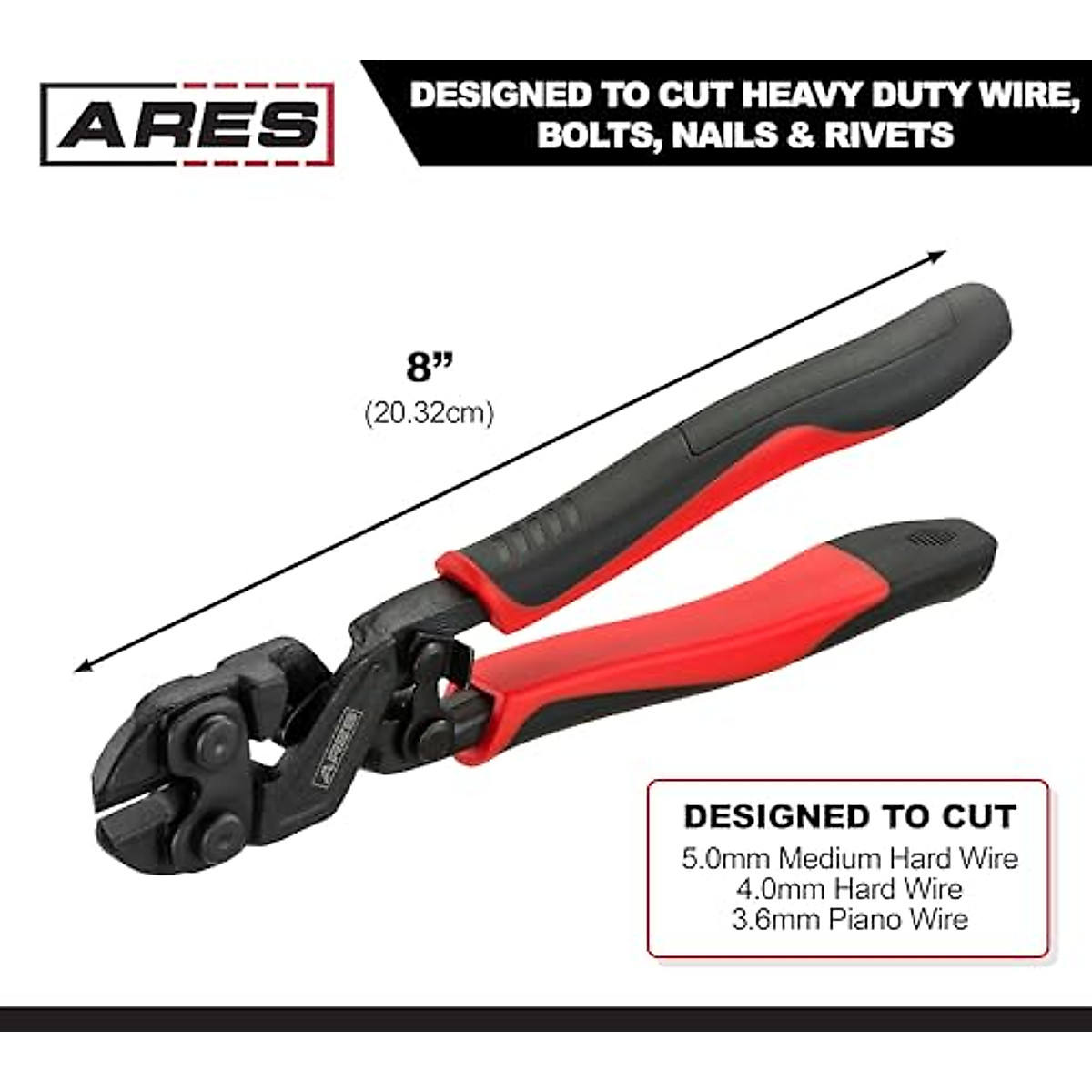 ARES 70664-8-Inch Mini Bolt Cutter - Chrome Moly Steel Construction & Induction Hardened Cutting Edges - Designed for Heavy Duty Wire, Bolt, Nail & Rivet Cutting