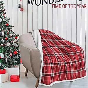 Menghomeus Christmas Sherpa Throw Blanket - Red Xmas Holiday Plaid Fleece Blanket - Flannel Plush Blanket for Couch Bed Sofa, 60" X 80"