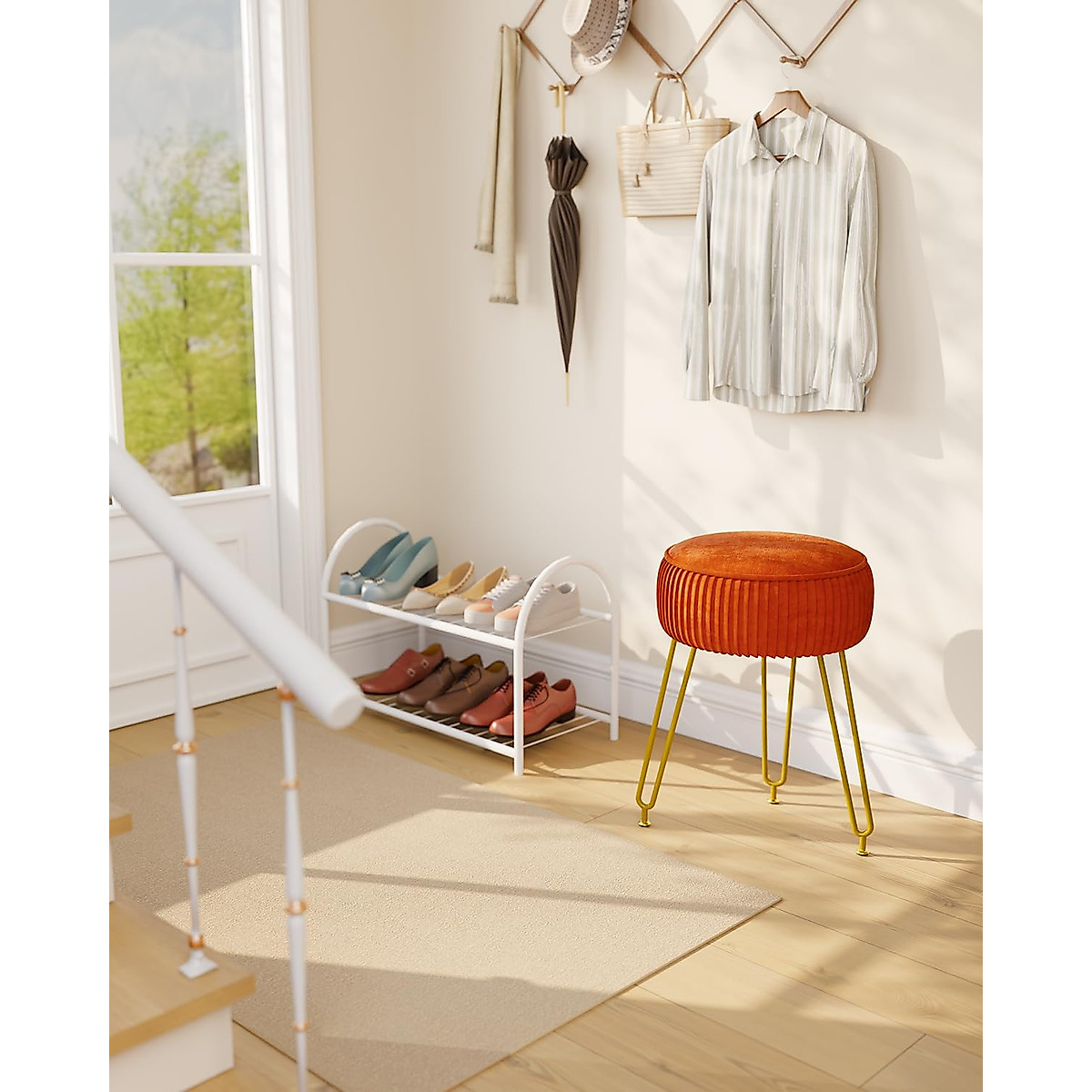 IBUYKE Velvet Round Footrest Stool Ottoman, Makeup Vanity Stool Side Table, Velvet Dressing Table Seat, Pouf Couch Stool, Golden Steel Legs, Orange LG-30J