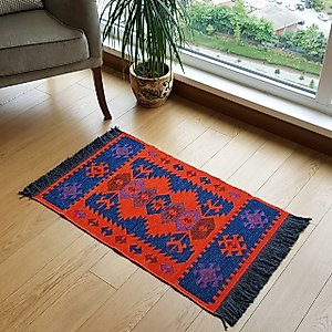 Secret Sea Collection Modern Bohemian Area Rug, Washable, Reversible, Cotton (Charcoal Grey-Orange), 2.4' x 4' ft (27.5'' x 48'') Diamond