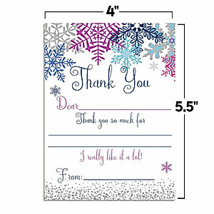 Winter Snowflake Birthday Thank You Notes, Ten 4" x 5.5" Fill In The Blank Cards with 10 White Envelopes by AmandaCreation